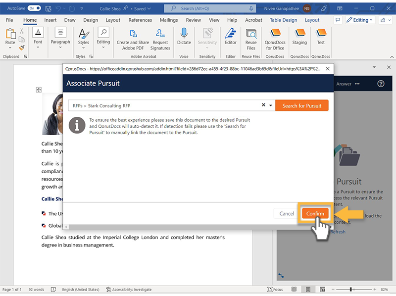 Associating a document to a Pursuit in the Office Add-in – Help Center