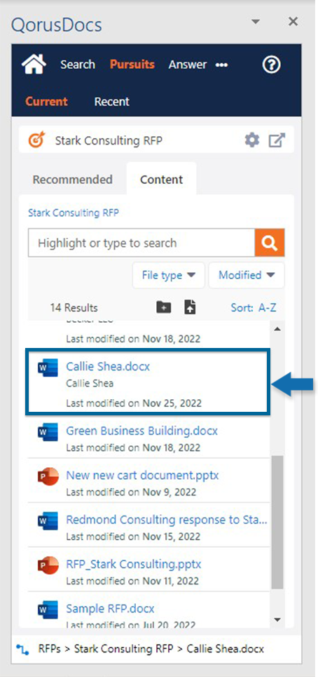 Associating a document to a Pursuit in the Office Add-in – Help Center